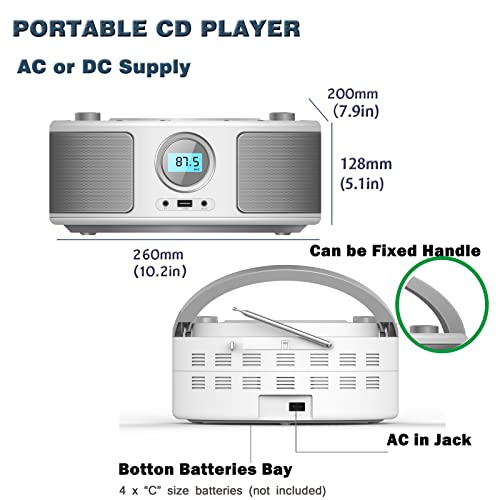 CD Radio Portable CD Player Boombox with Bluetooth,FM Radio, USB Input and 3.5mm AUX Headphone Jack,CD-R/CD-RW/MP3/WMA Playback,AC/Battery Powered(WTB-791)