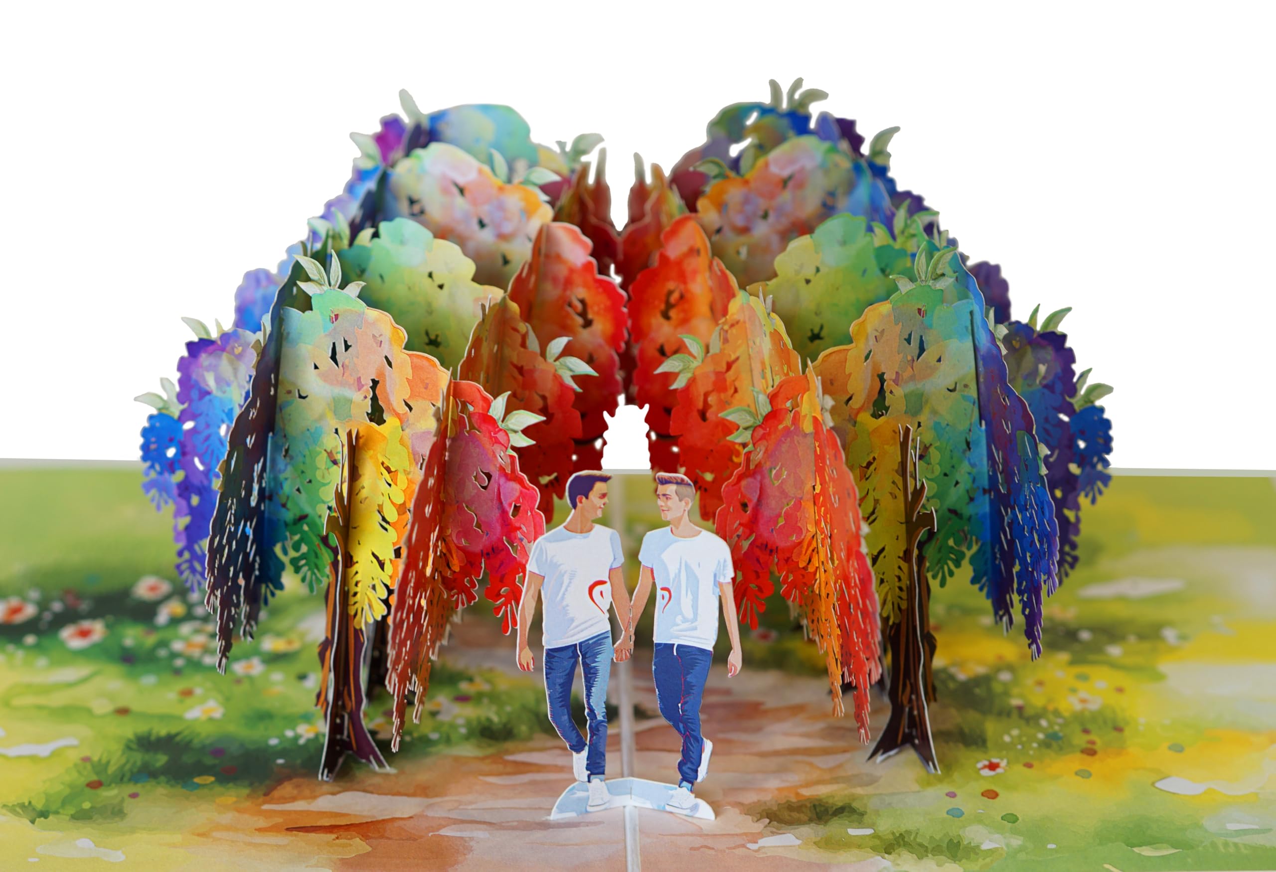 PQ Bees Pop Up Anniversary Card, 3D Wedding Valentines Birthday Congratulations, LGBT Rainbow Greeting Cards (Size 8” x 6” - Heart tree Gay Couple).