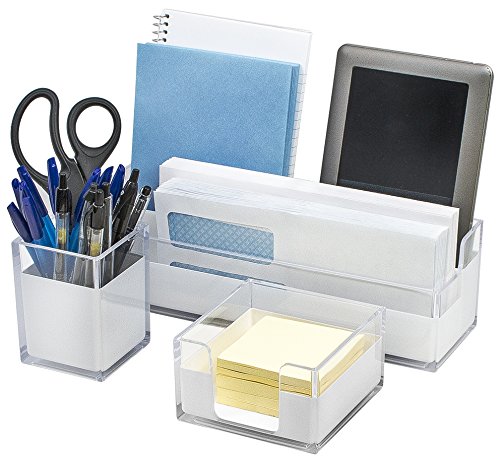 Sorbus Acrylic Desk Organizers Set – 3-Piece, Includes Desk Organizer Caddy, Memo Tray and Pen Cup, Modern Desk Accessories Organizer Great for Home or Office, White Clear (Desk Organizer Set)