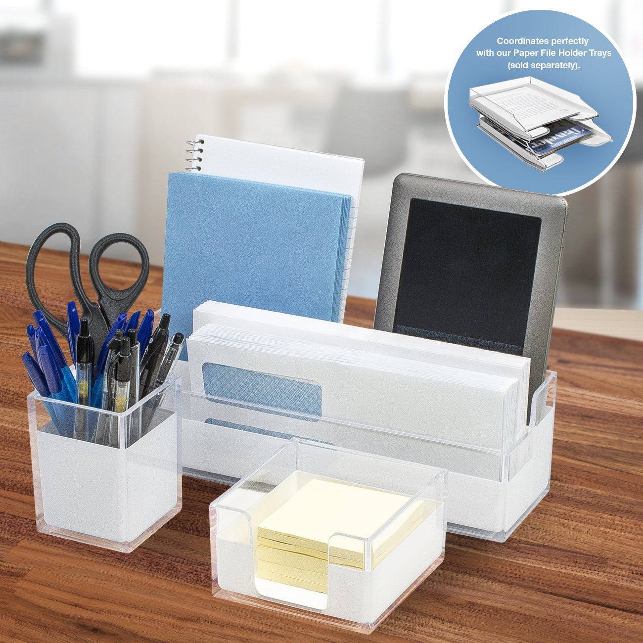 Sorbus Acrylic Desk Organizers Set – 3-Piece, Includes Desk Organizer Caddy, Memo Tray and Pen Cup, Modern Desk Accessories Organizer Great for Home or Office, White Clear (Desk Organizer Set)
