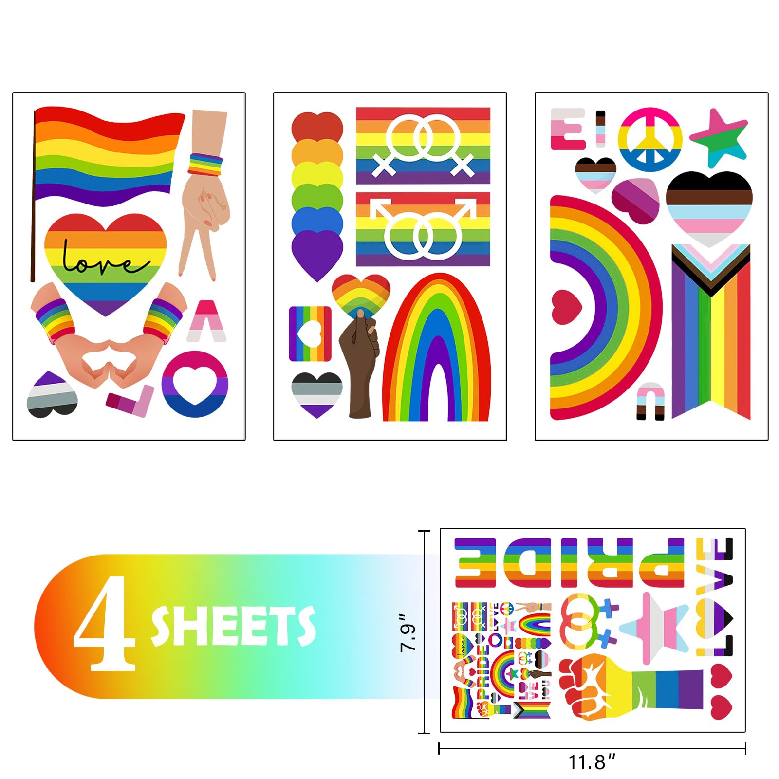 Mfault Gay Pride LGBTQ Rainbow Window Clings 4 Sheets, Progress Pride Flag Equality Diversity Love Hearts Stickers Decals Decorations, Lesbian Pansexual Bisexual Pride Month Home Kitchen Decor