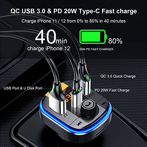 Bluetooth FM Transmitter for Car - Tensun Bluetooth Car Adapter PD20W+QC3.0 Cigarette Lighter Bluetooth 5.0 Radio Receiver Music Player Car Charger Supports Hands-Free Call Siri Google Assistant