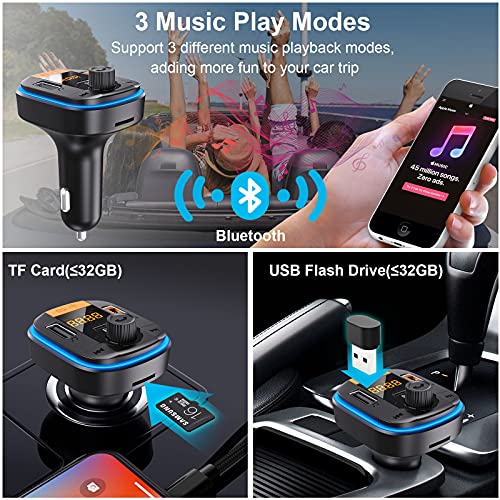 Bluetooth FM Transmitter for Car - Tensun Bluetooth Car Adapter PD20W+QC3.0 Cigarette Lighter Bluetooth 5.0 Radio Receiver Music Player Car Charger Supports Hands-Free Call Siri Google Assistant