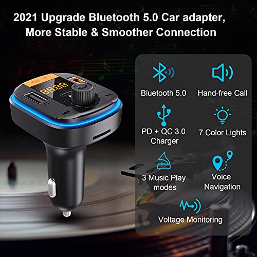 Bluetooth FM Transmitter for Car - Tensun Bluetooth Car Adapter PD20W+QC3.0 Cigarette Lighter Bluetooth 5.0 Radio Receiver Music Player Car Charger Supports Hands-Free Call Siri Google Assistant
