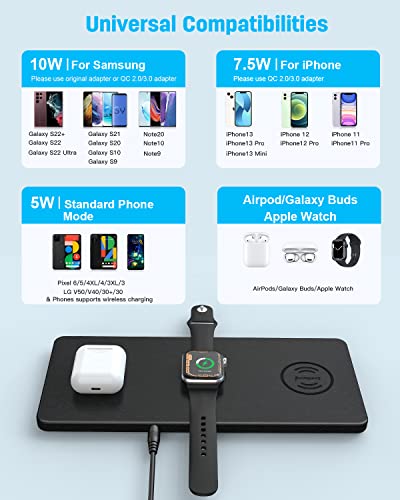 ZealSound Wireless Charger 3 in 1, Wireless Charging Pad 10w Fast Charging Station for Apple iWatch, Airpod,14/13Pro Max/13/12/11/11 Pro/X/Xr/Xs/8/Samsung Galaxy Phone(24w DC Power Supply Include)