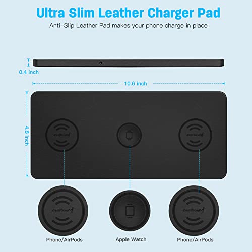 ZealSound Wireless Charger 3 in 1, Wireless Charging Pad 10w Fast Charging Station for Apple iWatch, Airpod,14/13Pro Max/13/12/11/11 Pro/X/Xr/Xs/8/Samsung Galaxy Phone(24w DC Power Supply Include)