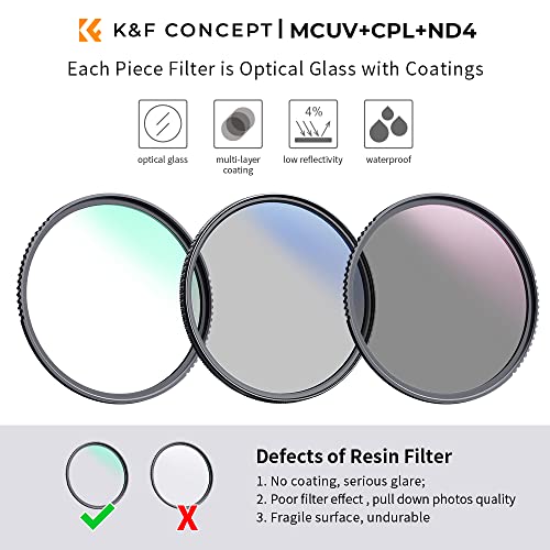 K&F Concept 82mm UV/CPL/ND Lens Filter Kit (3 Pieces)-18 Multi-Layer Coatings, UV Filter + Polarizer Filter + Neutral Density Filter (ND4) + Cleaning Pen + Filter Pouch for Camera Lens (K-Series)