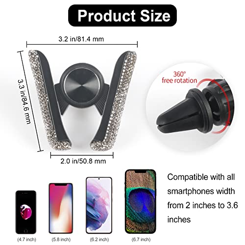 Amiss Bling Cell Phone Holder, Universal 360°Adjustable Car Phone Mount with One More Air Vent Base, Crystal Car Interior Decoration, for Dashboard and Air Vent - Grey