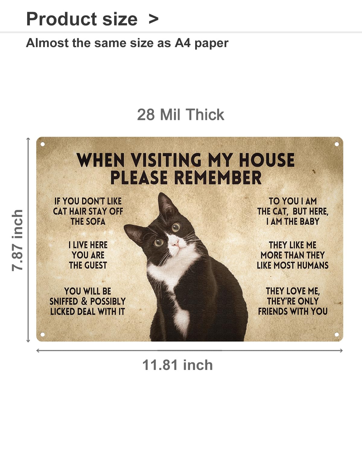 ALKB Funny Tuxedo Cat-Themed Sign 8x12 Inch - Visitor’s Guide to Interacting with Cats - Gift for Cat Lovers’ Home Decor