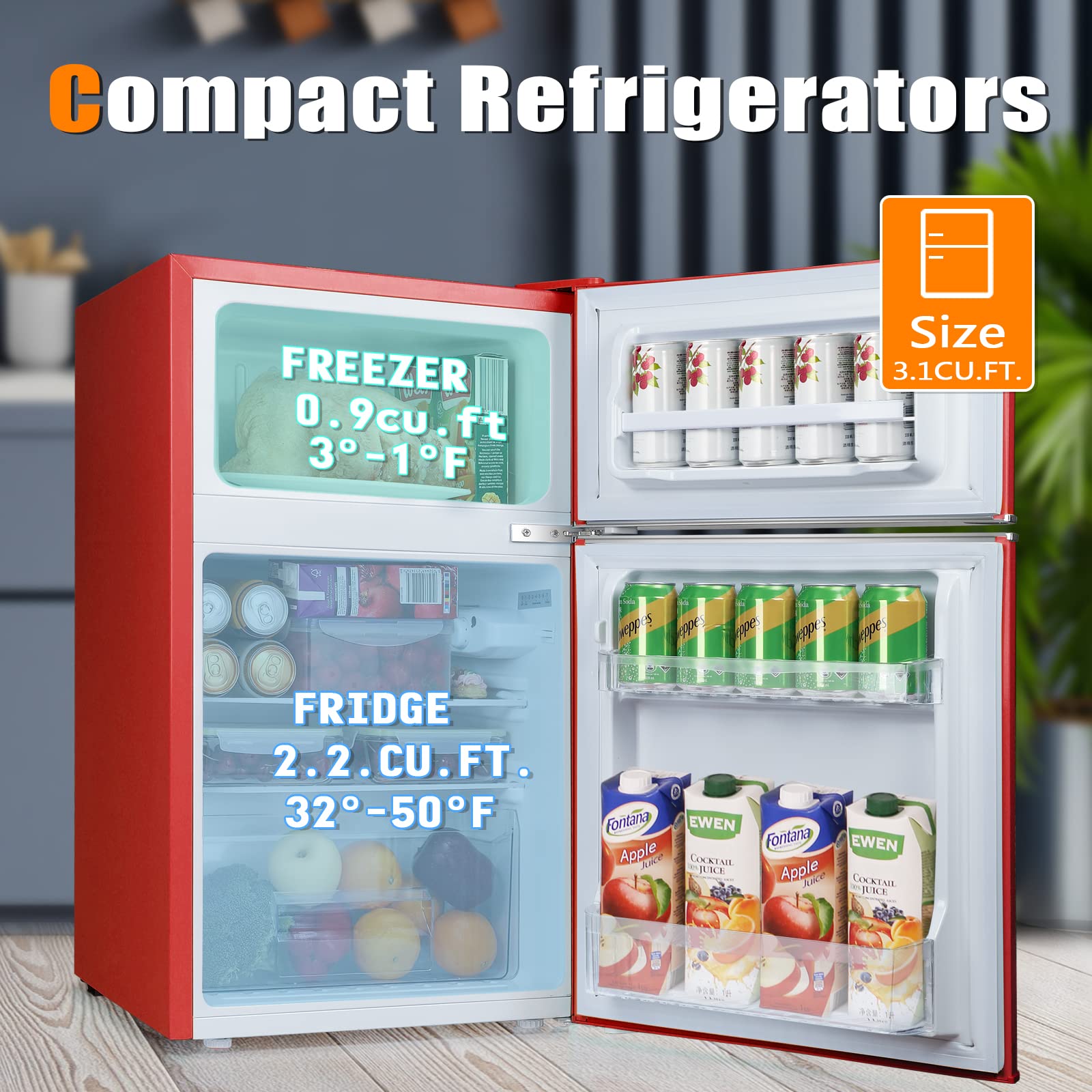 Antarctic Star Mini Refrigerator 3.1Cu.Ft Compact Refrigerator 2-Double Doors with a Freezer Low Noise Defrost Storage of Beverages Vegetables and Fruits for Home Office Dormitory Red