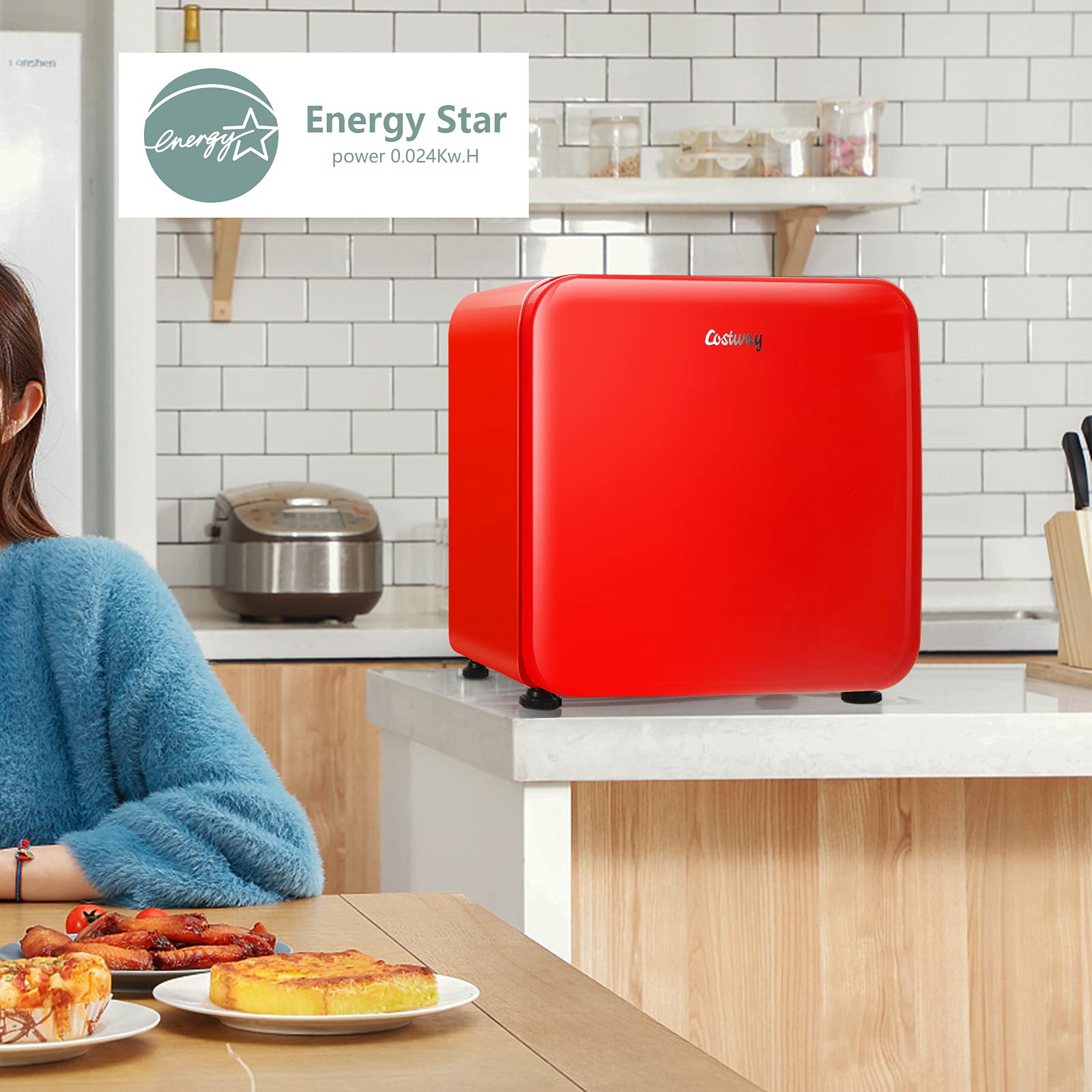 COSTWAY Compact Refrigerator, 1.6 cu ft. Single Door Small Fridge with Adjustable Temperature 32℉ to 50℉, Auto Defrost, Reversible Door, Removable Glass Shelves, Mini Fridge for Bedroom (Red)