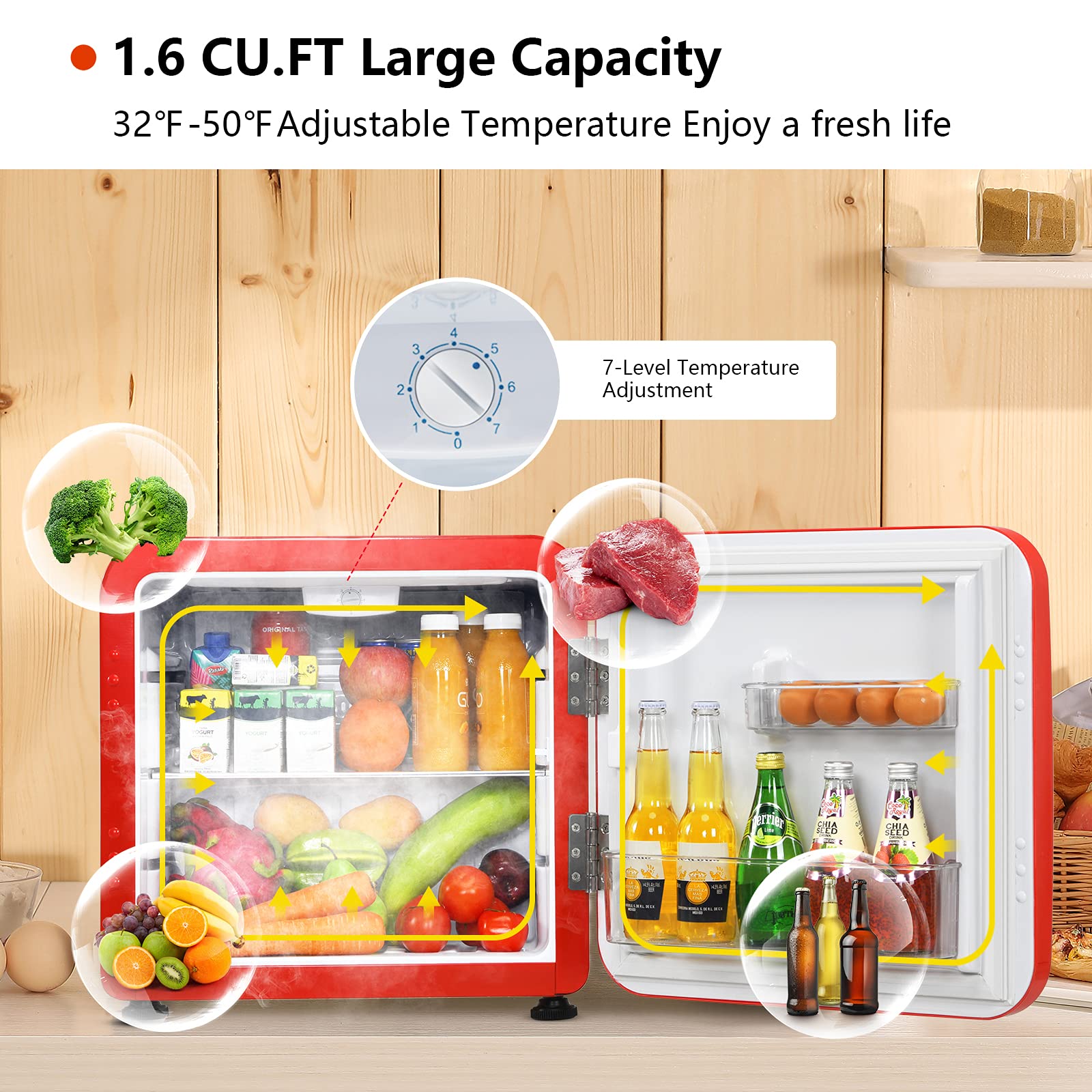 COSTWAY Compact Refrigerator, 1.6 cu ft. Single Door Small Fridge with Adjustable Temperature 32℉ to 50℉, Auto Defrost, Reversible Door, Removable Glass Shelves, Mini Fridge for Bedroom (Red)