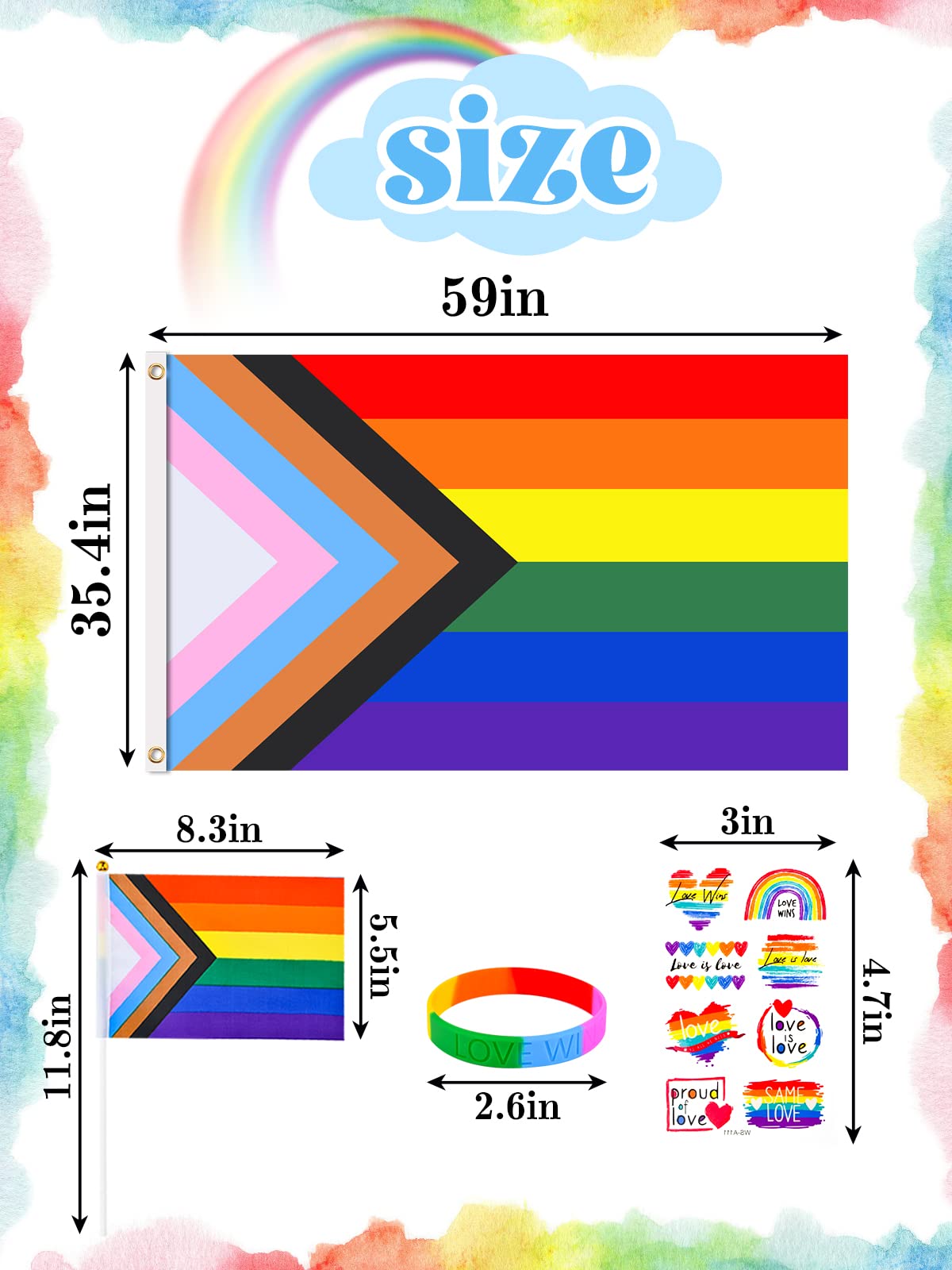 Abitoncc 91Pcs Gay Pride Accessories Stuff Set - Progress Pride Flag 3x5 Outdoor 24 Pack Mini Hand Held Small Pride Flags 24Pcs Pride Wristband Temporary Pride Tattoo Stickers Pride Stuff for Pride Month Outdoor Celebration Gay Progress Pride Party Favors