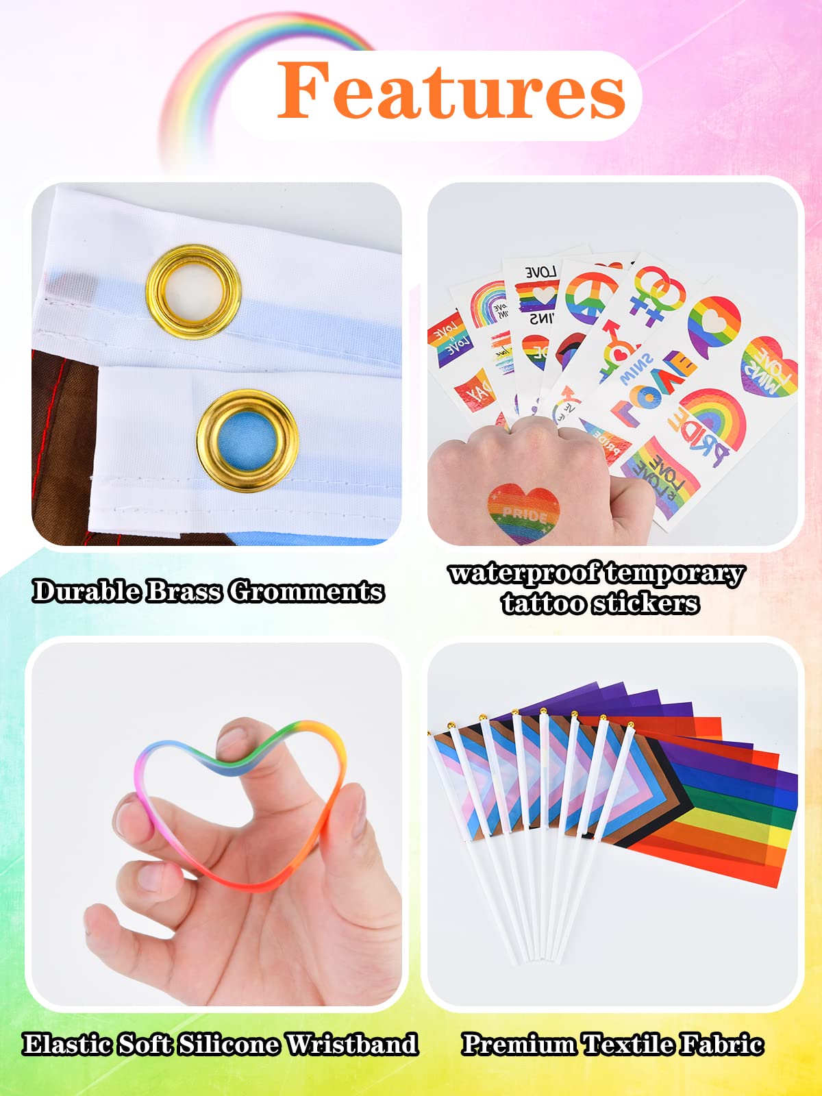 Abitoncc 91Pcs Gay Pride Accessories Stuff Set - Progress Pride Flag 3x5 Outdoor 24 Pack Mini Hand Held Small Pride Flags 24Pcs Pride Wristband Temporary Pride Tattoo Stickers Pride Stuff for Pride Month Outdoor Celebration Gay Progress Pride Party Favors