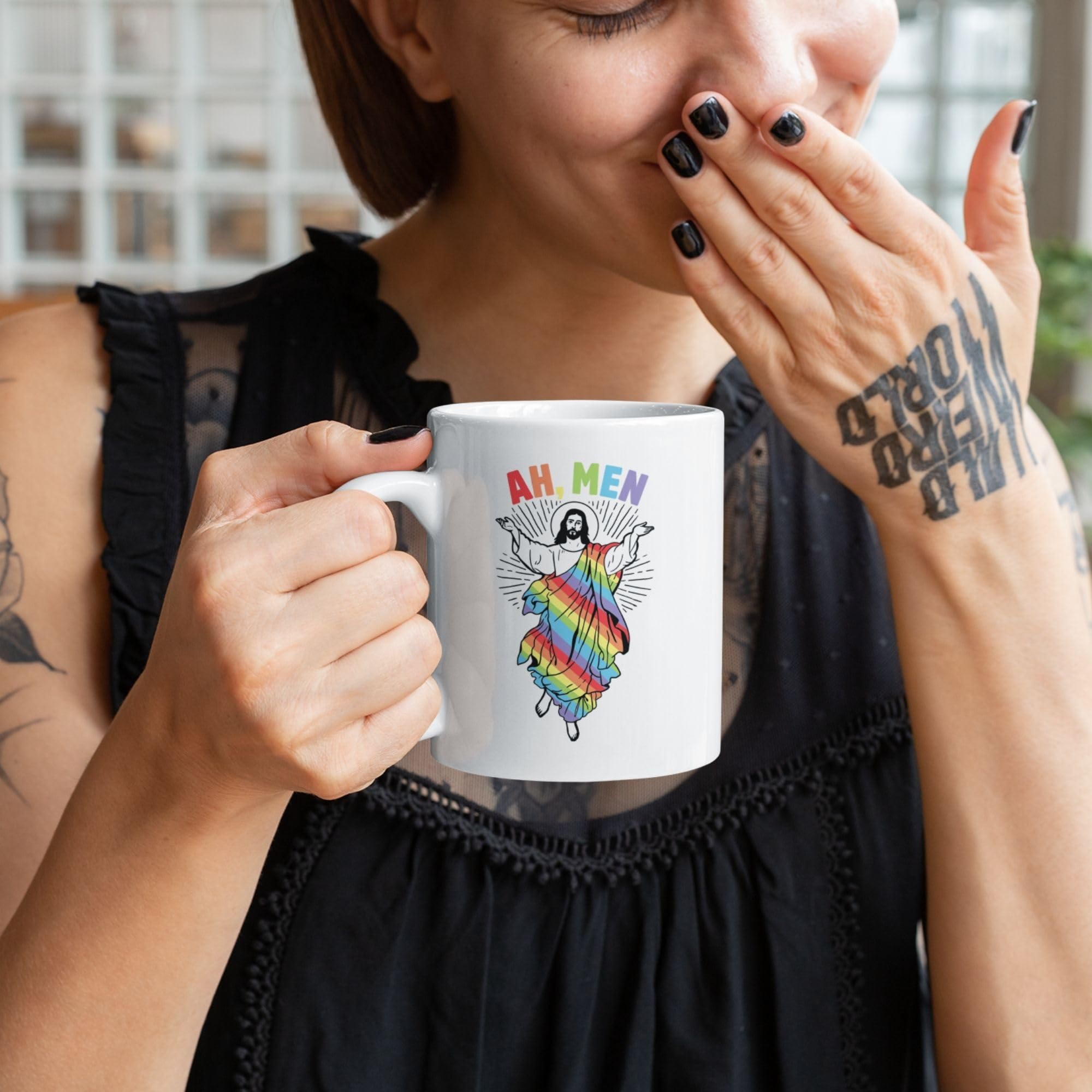 LookHUMAN Rainbow Jesus Coffee Mug - Funny Coffee Mugs Adult Humor, Double-Sided Print Ceramic Coffee Cups as Pride Mug, Dishwasher Safe Novelty Coffee Mugs for Women & Men, 11oz