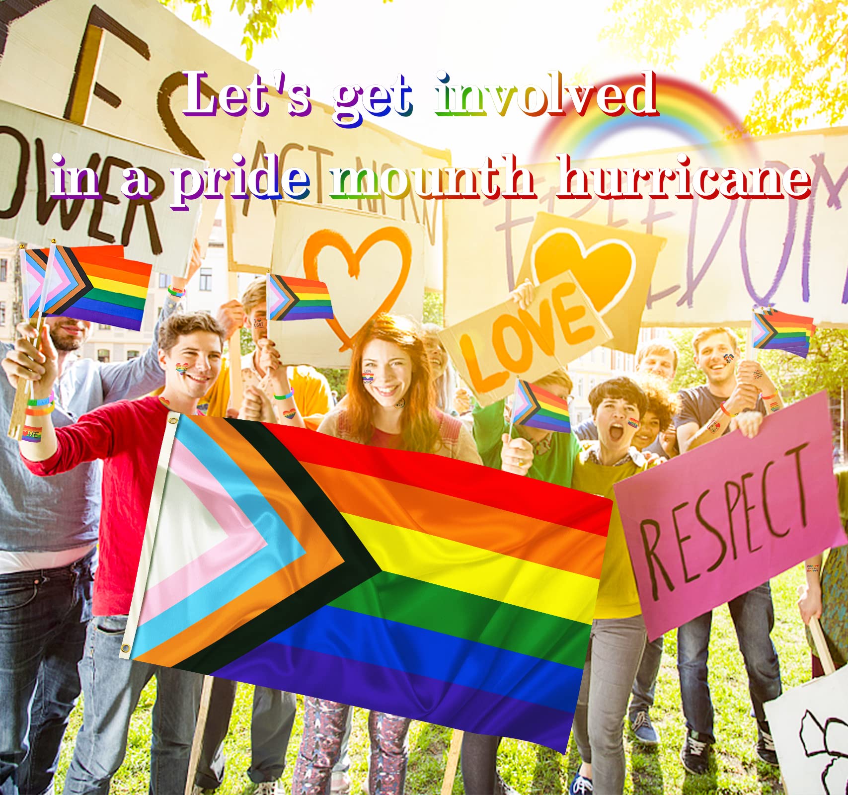 Abitoncc 91Pcs Gay Pride Accessories Stuff Set - Progress Pride Flag 3x5 Outdoor 24 Pack Mini Hand Held Small Pride Flags 24Pcs Pride Wristband Temporary Pride Tattoo Stickers Pride Stuff for Pride Month Outdoor Celebration Gay Progress Pride Party Favors