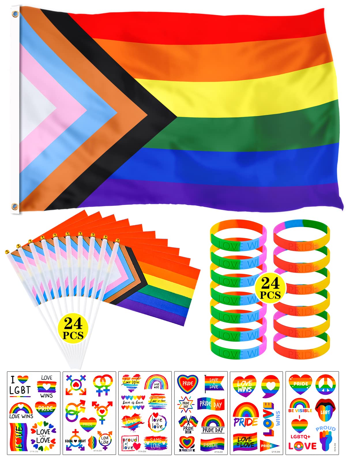 Abitoncc 91Pcs Gay Pride Accessories Stuff Set - Progress Pride Flag 3x5 Outdoor 24 Pack Mini Hand Held Small Pride Flags 24Pcs Pride Wristband Temporary Pride Tattoo Stickers Pride Stuff for Pride Month Outdoor Celebration Gay Progress Pride Party Favors