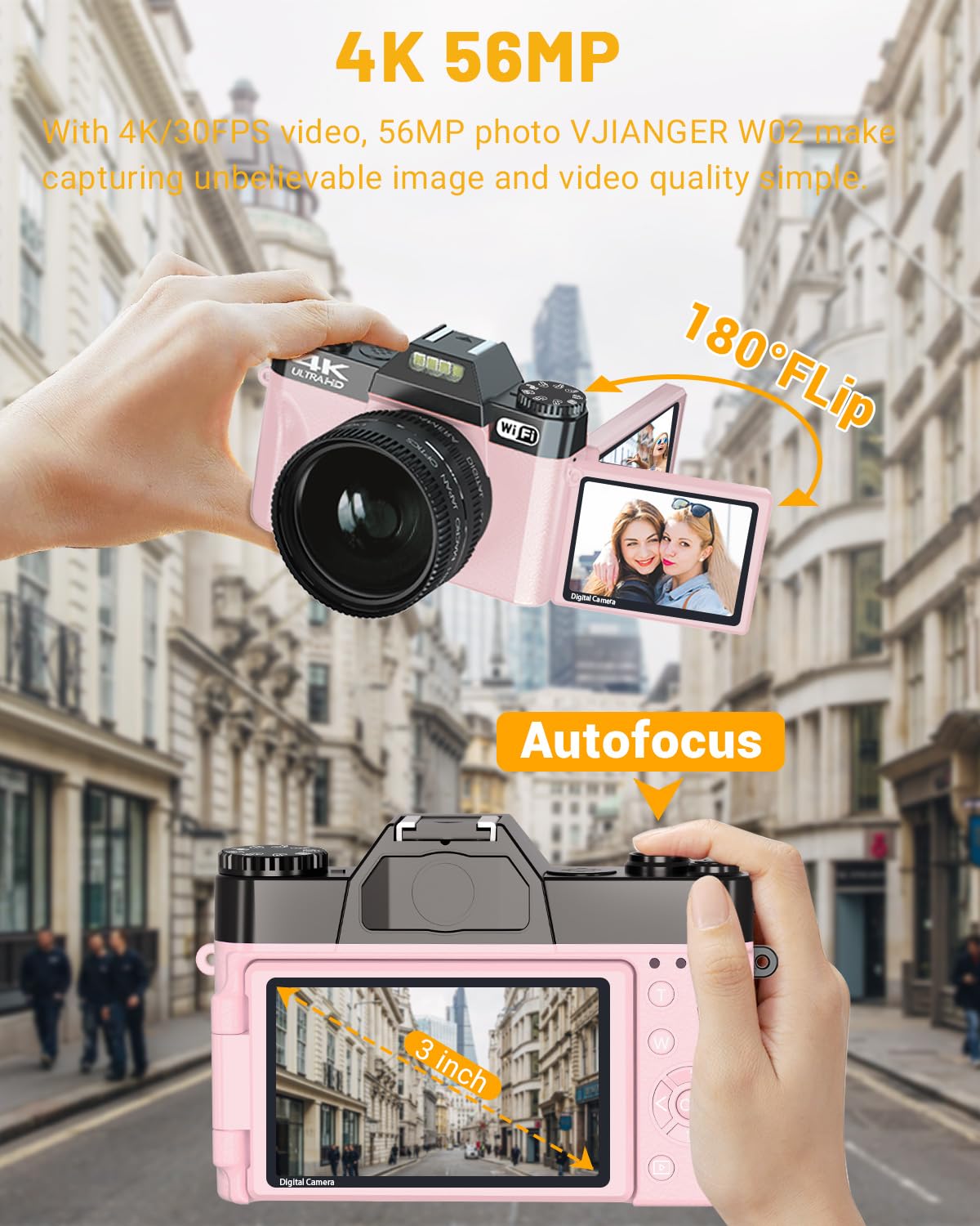 4K Digital Camera VJIANGER 48MP WiFi Vlogging Camera for YouTube with 180° Flip Screen, 16X Digital Zoom, 52mm Wide Angle & Macro Lens, 2 Batteries, 32GB TF Card(W02-Pink33)