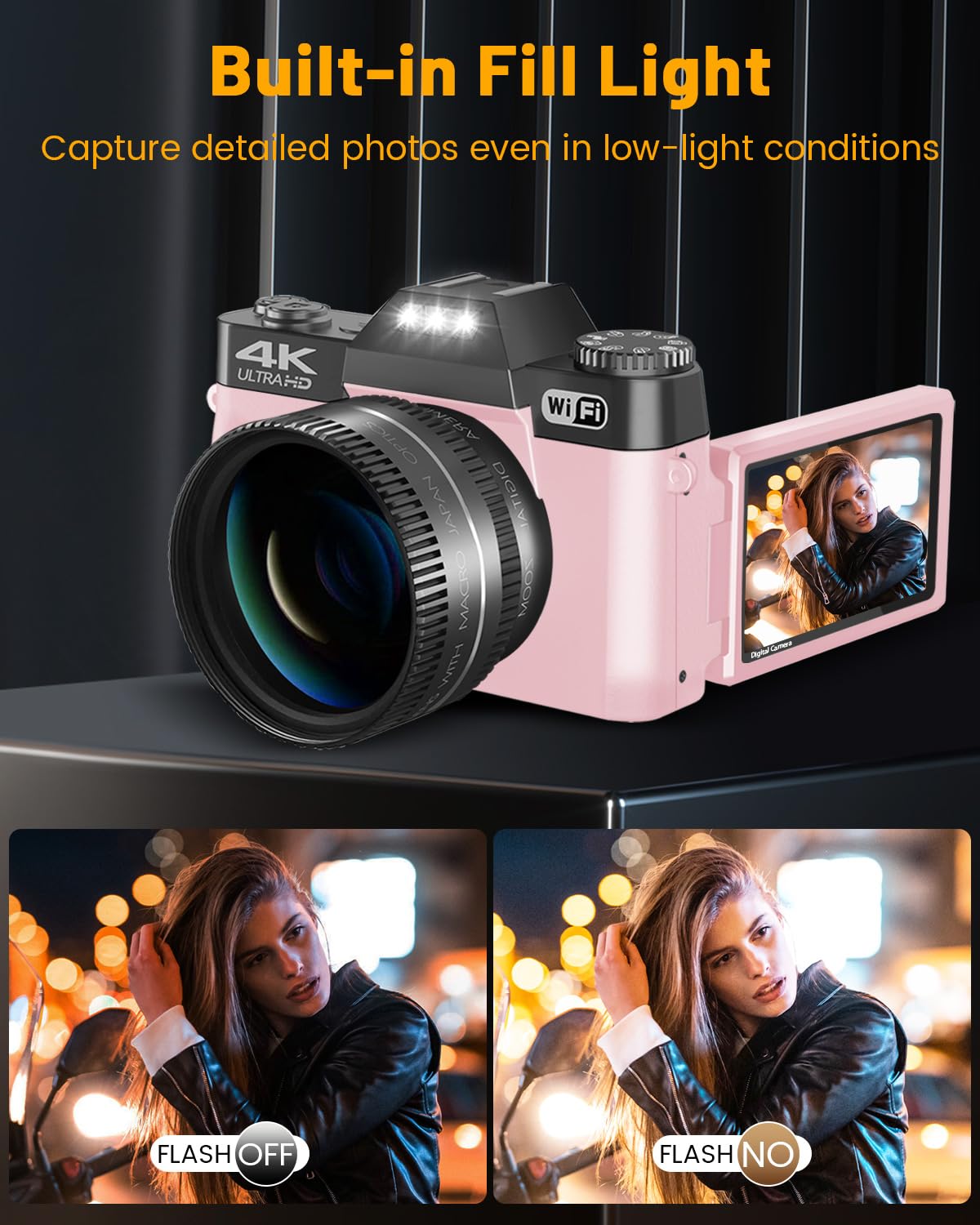 4K Digital Camera VJIANGER 48MP WiFi Vlogging Camera for YouTube with 180° Flip Screen, 16X Digital Zoom, 52mm Wide Angle & Macro Lens, 2 Batteries, 32GB TF Card(W02-Pink33)