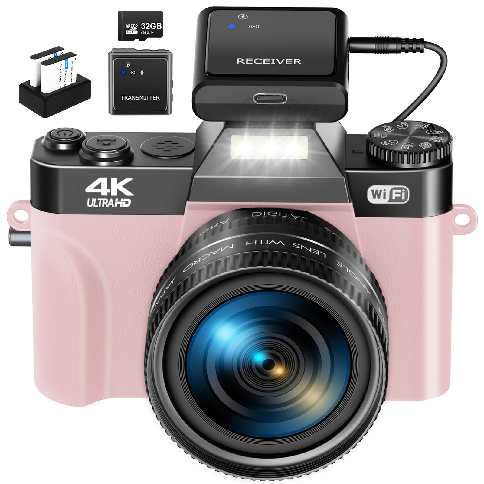 4K Digital Camera VJIANGER 48MP WiFi Vlogging Camera for YouTube with 180° Flip Screen, 16X Digital Zoom, 52mm Wide Angle & Macro Lens, 2 Batteries, 32GB TF Card(W02-Pink33)