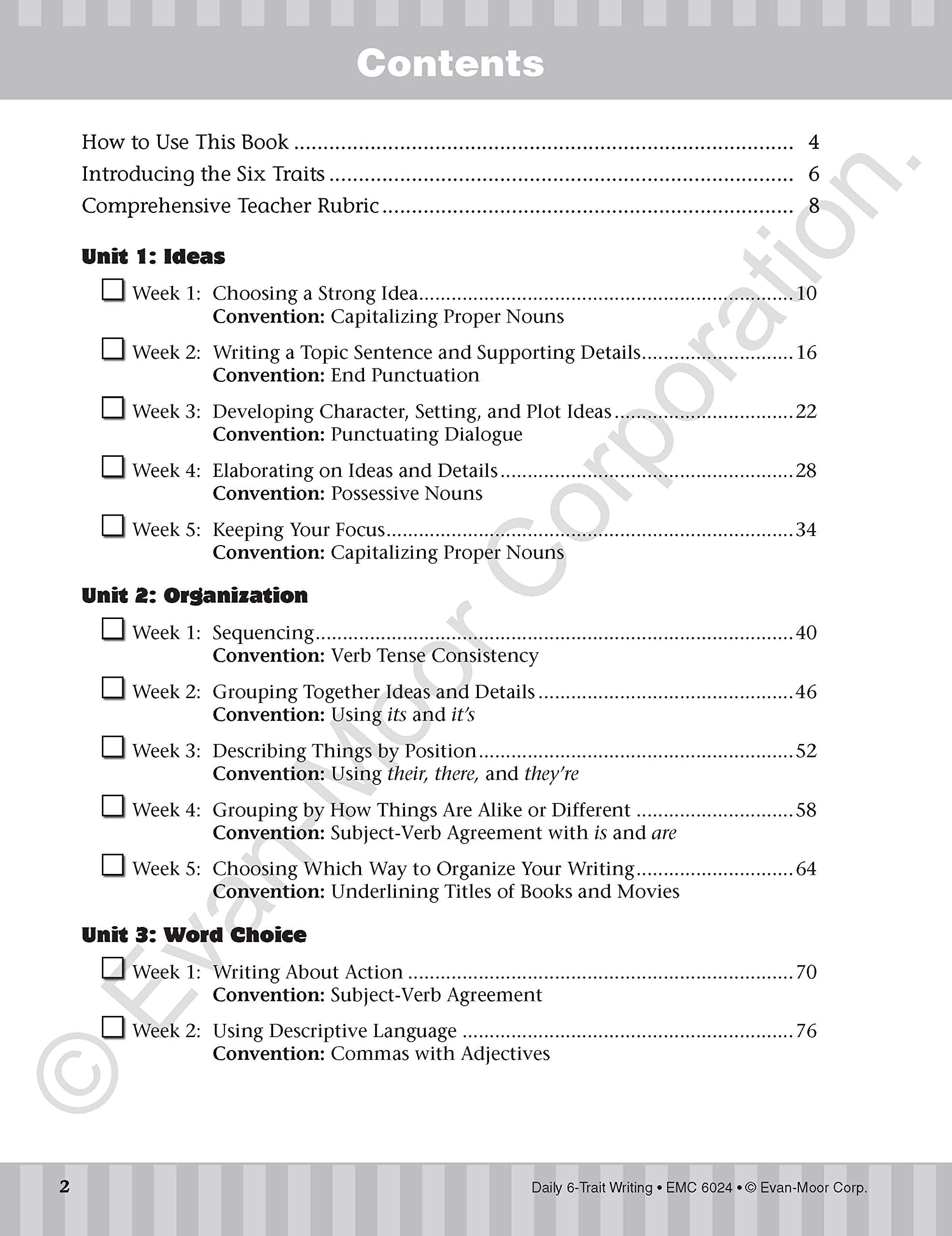 Evan-Moor Daily 6-Trait Writing, Grade 4 Homeschooling & Classroom Resource Workbook, Reproducible Worksheets, Teaching Edition, Lesson Plans, Ideas, Organization, Word Choice, Sentence Fluency, Voice