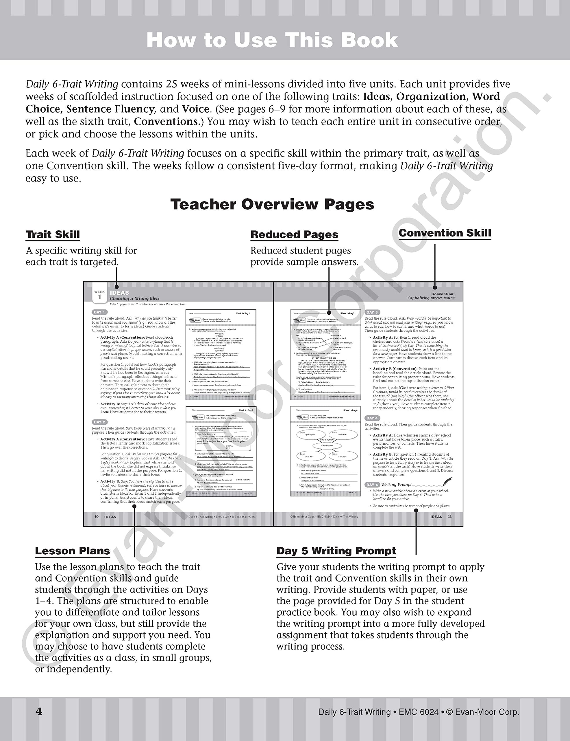 Evan-Moor Daily 6-Trait Writing, Grade 4 Homeschooling & Classroom Resource Workbook, Reproducible Worksheets, Teaching Edition, Lesson Plans, Ideas, Organization, Word Choice, Sentence Fluency, Voice