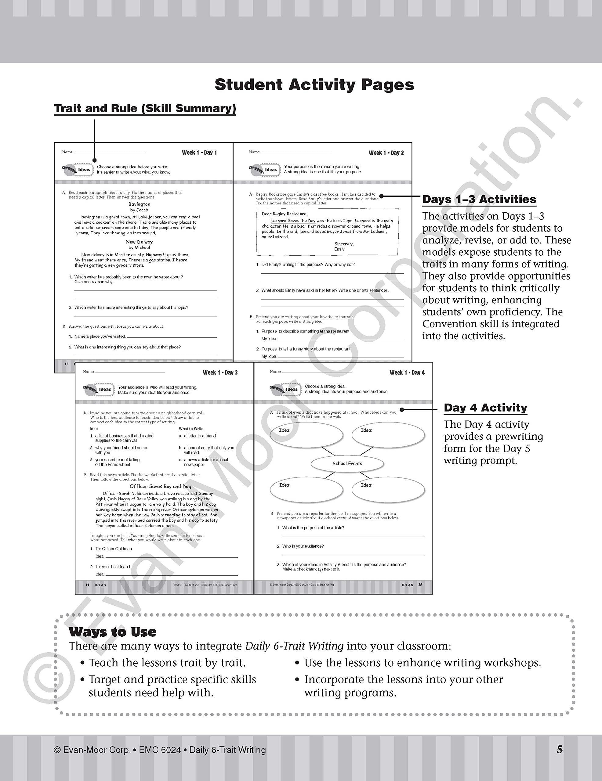 Evan-Moor Daily 6-Trait Writing, Grade 4 Homeschooling & Classroom Resource Workbook, Reproducible Worksheets, Teaching Edition, Lesson Plans, Ideas, Organization, Word Choice, Sentence Fluency, Voice