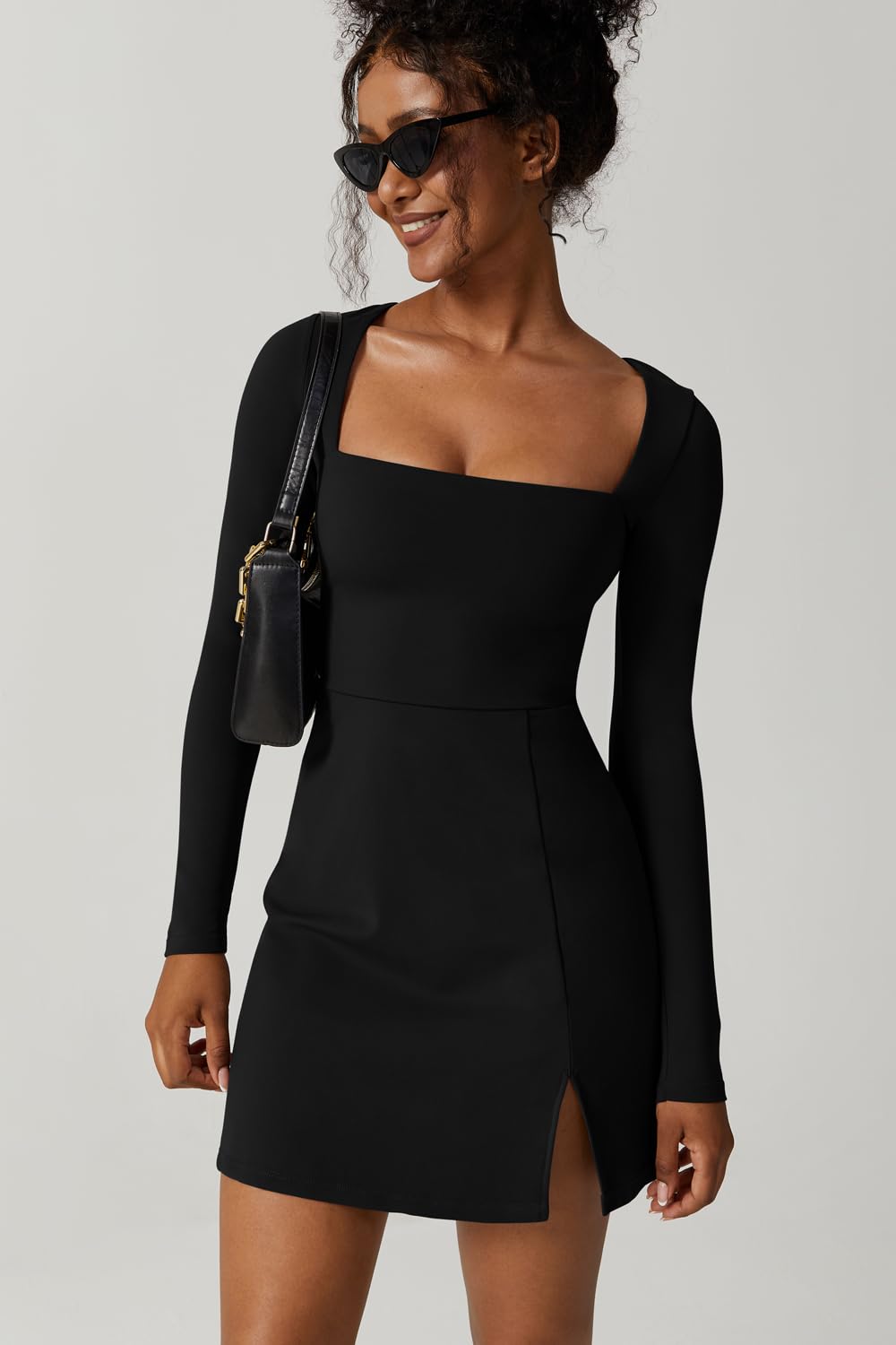 QINSEN Women's Plus Size Square Neck Bodice Dress High Waist Casual Short Dress Black XL