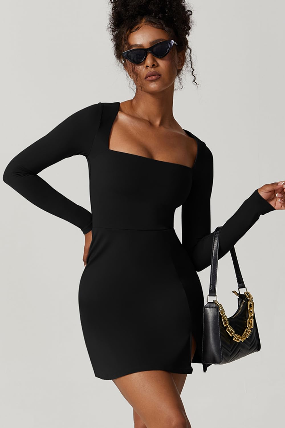 QINSEN Women's Plus Size Square Neck Bodice Dress High Waist Casual Short Dress Black XL