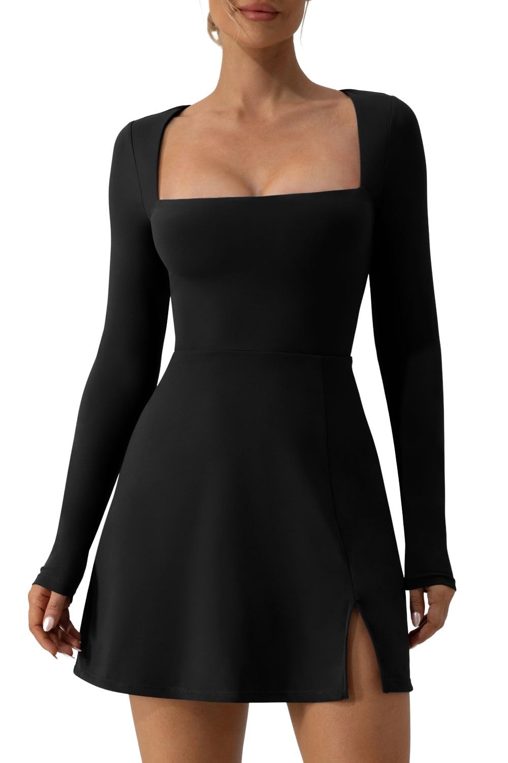 QINSEN Women's Plus Size Square Neck Bodice Dress High Waist Casual Short Dress Black XL