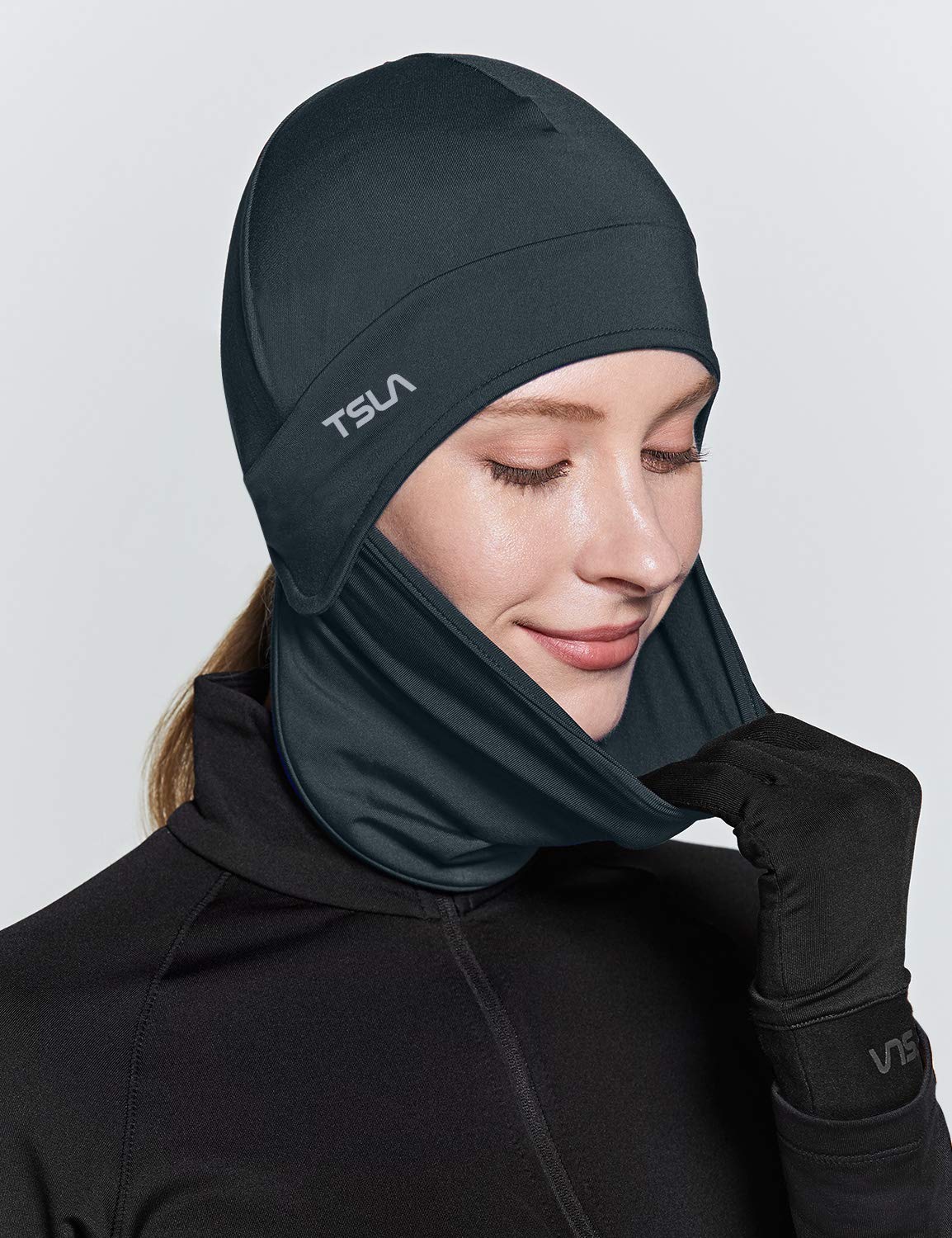 TSLA Men and Women Thermal Fleece Skull Cap, Winter Ski Cycling Under Helmet Liner, Running Beanie Hat, Skull Cap with Mask Charcoal, One Size