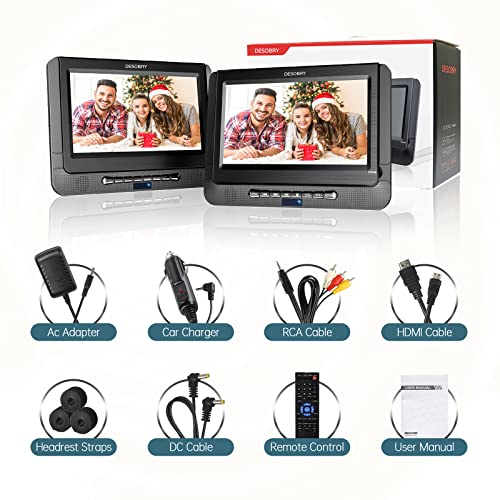 10'' Car DVD Player Dual Screen DESOBRY Portable DVD Players for Car with HD Transmission 5-Hour Rechargeable Battery Headrest DVD Player Suport USB TF Card All Region Free Last Memory Function