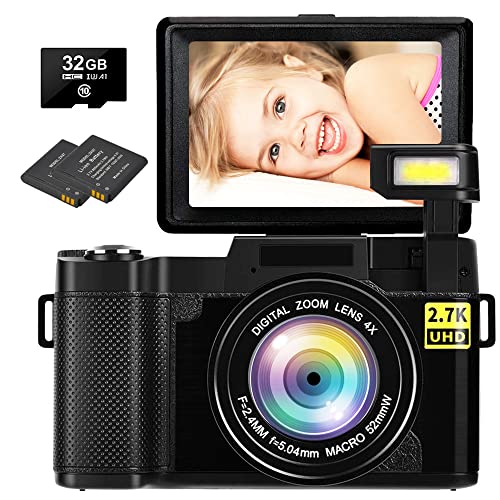 CEDITA 2.7K Digital Camera Vlogging Camera 30MP Full HD Digital Camera with Retractable Flash Light Camera 3 Inch Flip Screen Vlogging Camera for YouTube with Two Batteries, Black