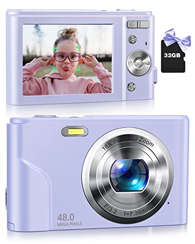 Digital Camera, Zostuic 48MP Autofocus Kids Camera with 32GB Card 1080P Video Camera with 16X Zoom, Compact Portable Small Camera Christmas Birthday Gift for Children Kid Teen Student Girl Boy(Purple)
