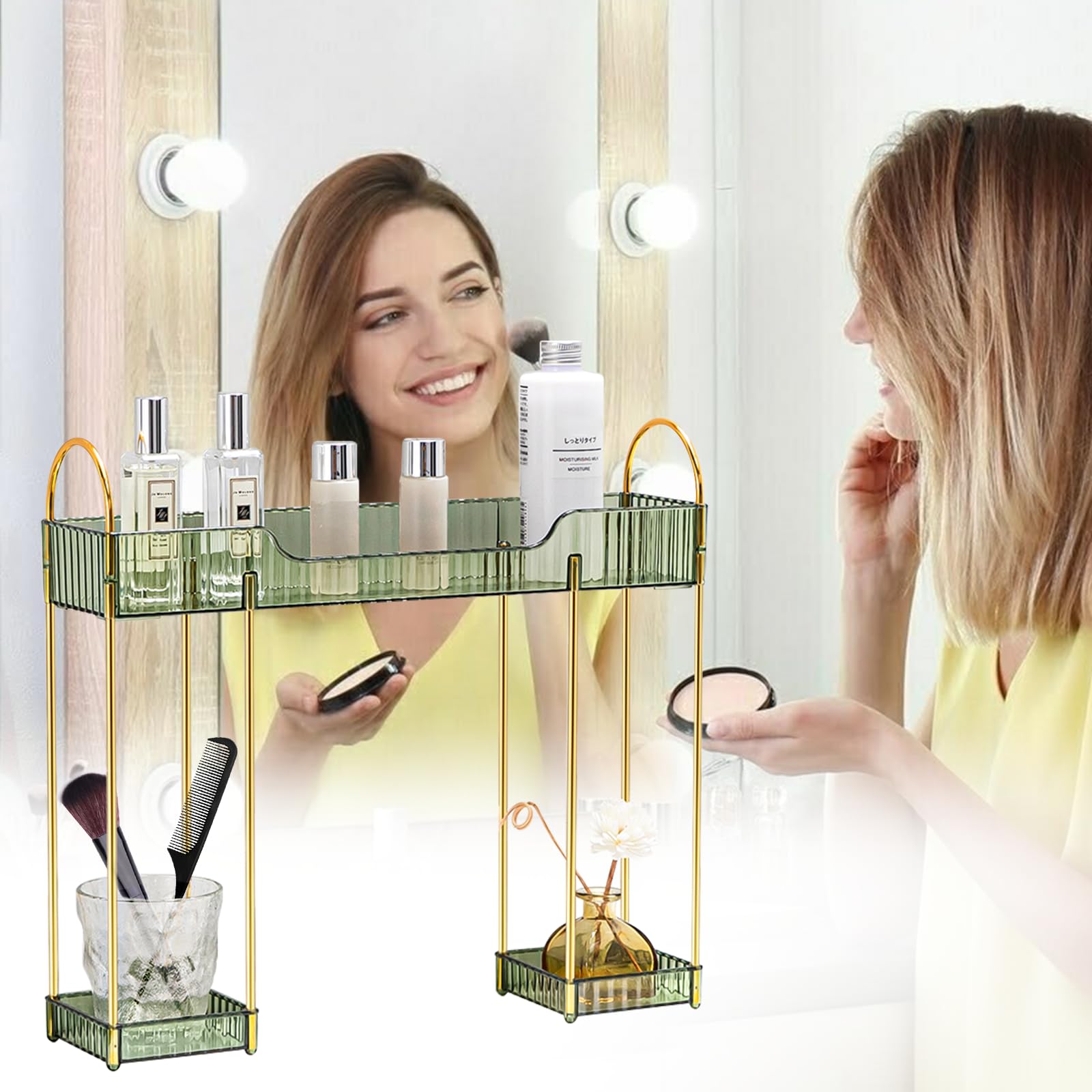 GHWMYD Bathroom Counter Organizer Cosmetics Skincare Shelf Organizer Bathroom Organizer Countertop Makeup Organizer Bathroom Shelf Organizer on The Faucet for Bathroom Kitchen Dresser (Green)