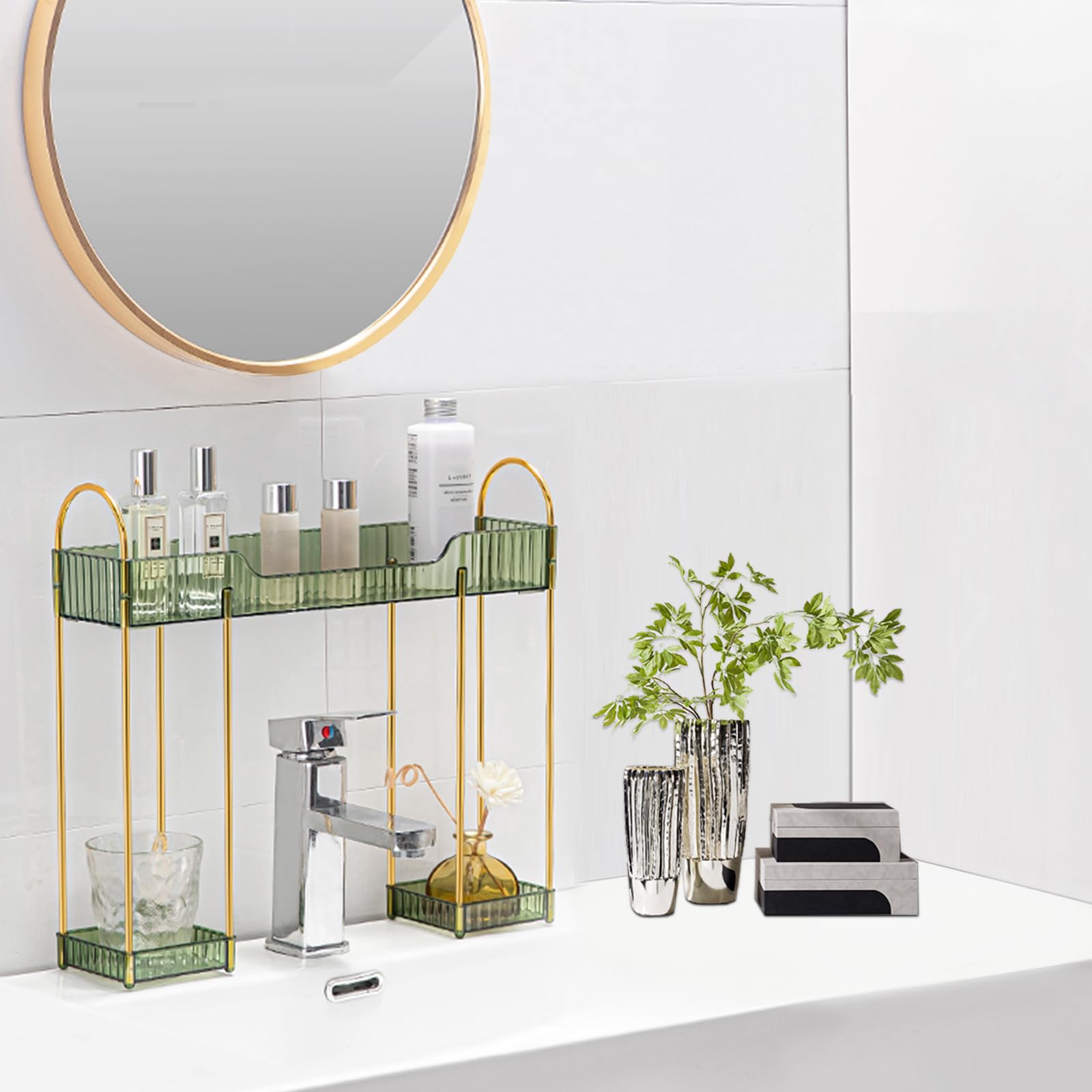 GHWMYD Bathroom Counter Organizer Cosmetics Skincare Shelf Organizer Bathroom Organizer Countertop Makeup Organizer Bathroom Shelf Organizer on The Faucet for Bathroom Kitchen Dresser (Green)
