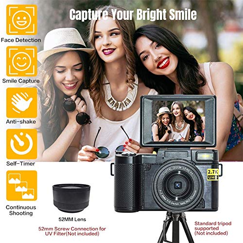 CEDITA 2.7K Digital Camera Vlogging Camera 30MP Full HD Digital Camera with Retractable Flash Light Camera 3 Inch Flip Screen Vlogging Camera for YouTube with Two Batteries, Black