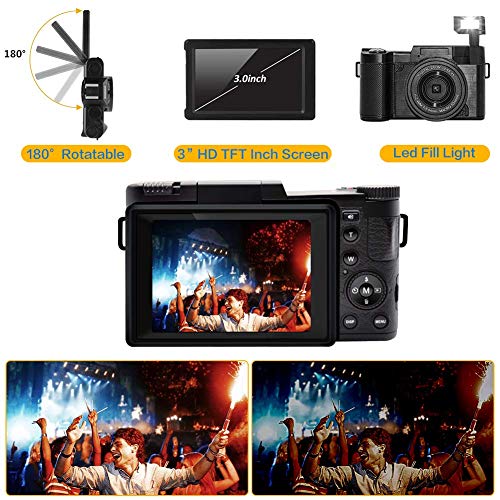 CEDITA 2.7K Digital Camera Vlogging Camera 30MP Full HD Digital Camera with Retractable Flash Light Camera 3 Inch Flip Screen Vlogging Camera for YouTube with Two Batteries, Black