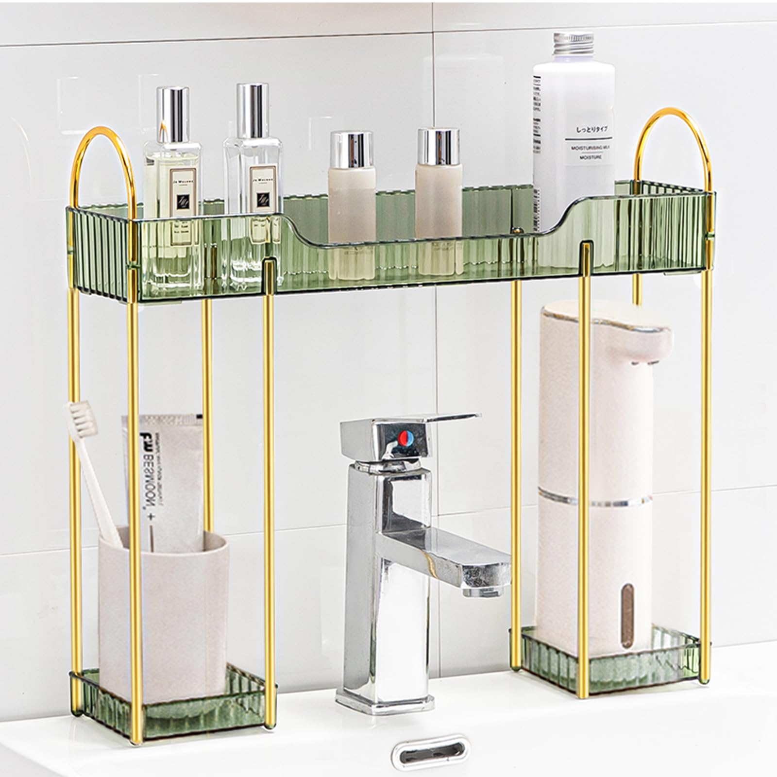GHWMYD Bathroom Counter Organizer Cosmetics Skincare Shelf Organizer Bathroom Organizer Countertop Makeup Organizer Bathroom Shelf Organizer on The Faucet for Bathroom Kitchen Dresser (Green)
