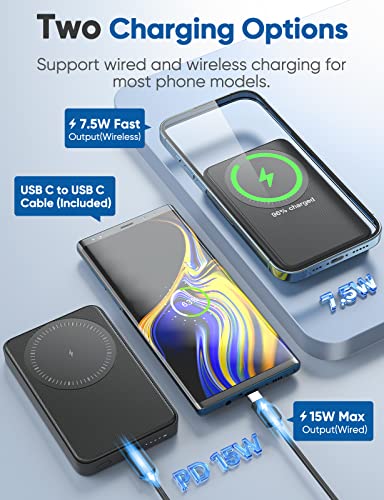 Magnetic Portable Charger - 5000mAh Mag-Safe Battery Pack with Foldable Stand, Mini Mag-Safe Power Bank, 20W USB-C Battery Pack for iPhone 12/13/14 Series, Wireless Charger for Outdoor Travel - Black