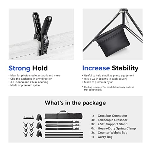 Julius Studio 20 feet Max Crossbar, 250° Rotatable Angle, Double Wide Telescopic Backdrop Stands, Background Support System with 6 Spring Clamps and 3 Counter Weight Sand Bags, JSAG794