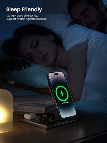 3-in-1 Foldable Magnetic Wireless Charger with MagSafe Charger Stand, Fast Magnetic Charging Station for iPhone 14/13/12 Series, iWatch 8/7/6/SE/5/4/3/2, AirPods 3/2/Pro (with QC 3.0 Adapter)