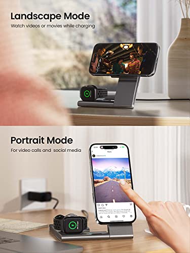 3-in-1 Foldable Magnetic Wireless Charger with MagSafe Charger Stand, Fast Magnetic Charging Station for iPhone 14/13/12 Series, iWatch 8/7/6/SE/5/4/3/2, AirPods 3/2/Pro (with QC 3.0 Adapter)