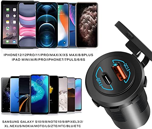【2022 New】12V USB Outlet/12V USB C/Quick Charge 4.0 PD Type C & Quick Charge 3.0 USB Charger Socket/ADSDIA 12V/24V Car USB C Power Outlet/ Waterproof Charge Socket for Car, Boat, Motorcycle, Golf Cart