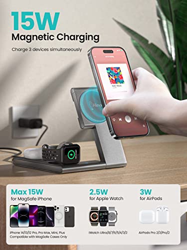 3-in-1 Foldable Magnetic Wireless Charger with MagSafe Charger Stand, Fast Magnetic Charging Station for iPhone 14/13/12 Series, iWatch 8/7/6/SE/5/4/3/2, AirPods 3/2/Pro (with QC 3.0 Adapter)