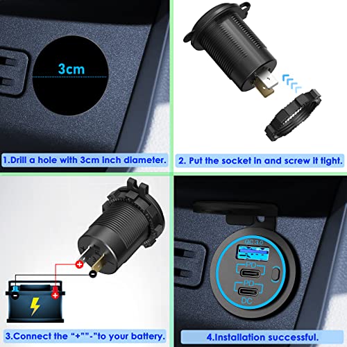 12V USB Outlet USB C Car Charger Socket – Newest 58W Lengthened RV USB Outlet 12V Socket Dual 20W PD3.0 USB-C and 18W QC3.0 Car USB Port with Button Power Switch for Car Boat Marine RV Motorcycle