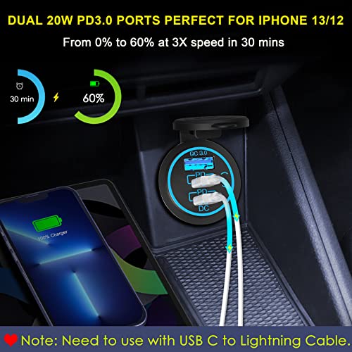 12V USB Outlet USB C Car Charger Socket – Newest 58W Lengthened RV USB Outlet 12V Socket Dual 20W PD3.0 USB-C and 18W QC3.0 Car USB Port with Button Power Switch for Car Boat Marine RV Motorcycle
