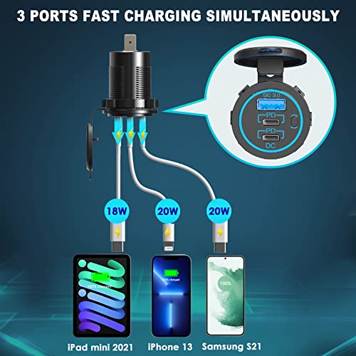 12V USB Outlet USB C Car Charger Socket – Newest 58W Lengthened RV USB Outlet 12V Socket Dual 20W PD3.0 USB-C and 18W QC3.0 Car USB Port with Button Power Switch for Car Boat Marine RV Motorcycle