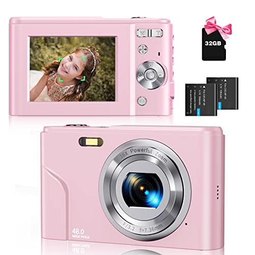 Digital Camera, Kids Camera with 32GB Sd Card, Autofocus FHD 1080p 48MP Compact Camera with 16x Digital Zoom, Vlogging YouTube Camera for Kids, Teens, Students, Girls, Boys, Adults, Beginners