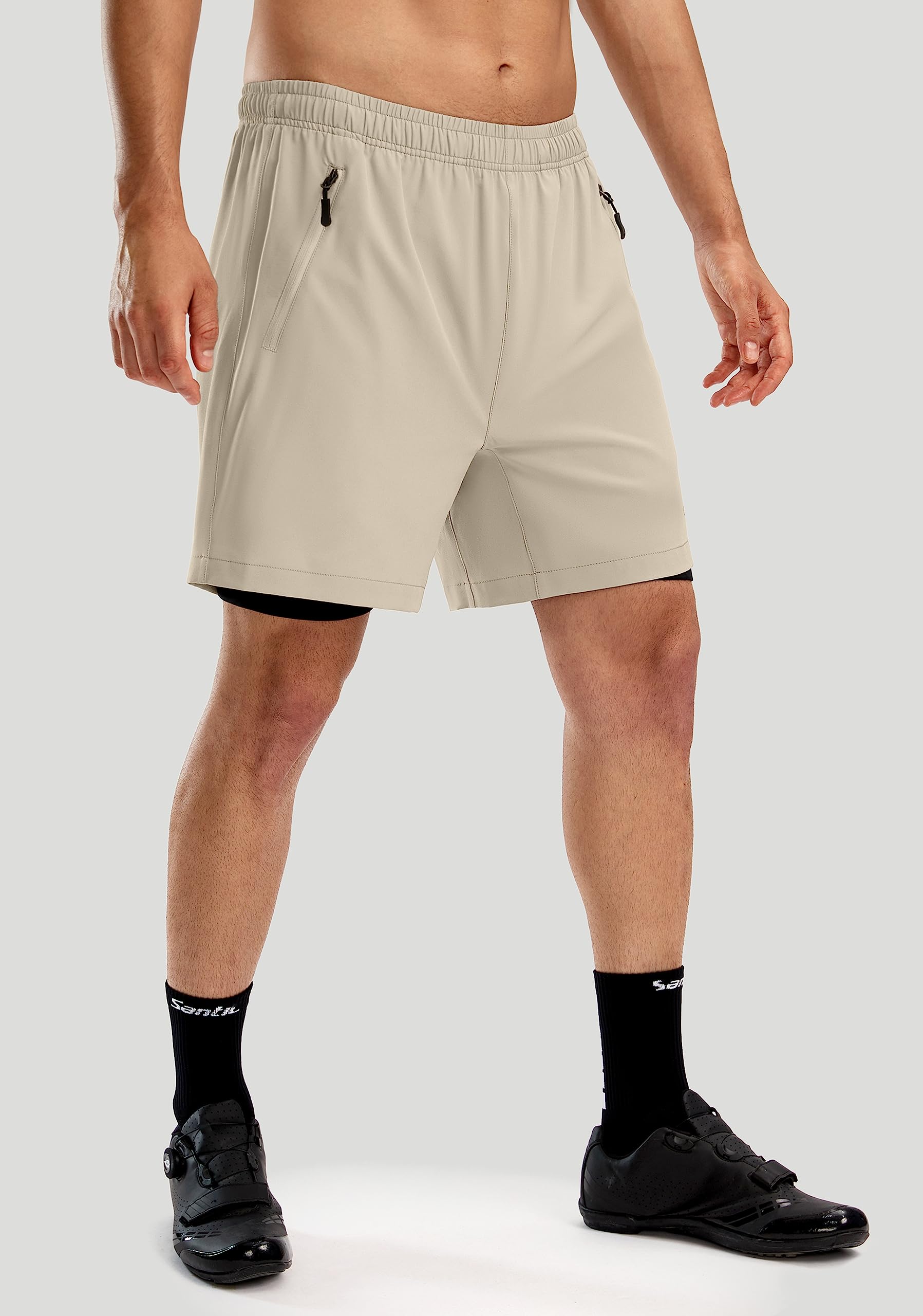 Men's Mountain Bike Shorts 3D Padded Loose-fit Biking Riding Cycling Bicycle Biker Cycle Padding Shorts for Men Zipper Pockets(Light Khaki,XXXL)